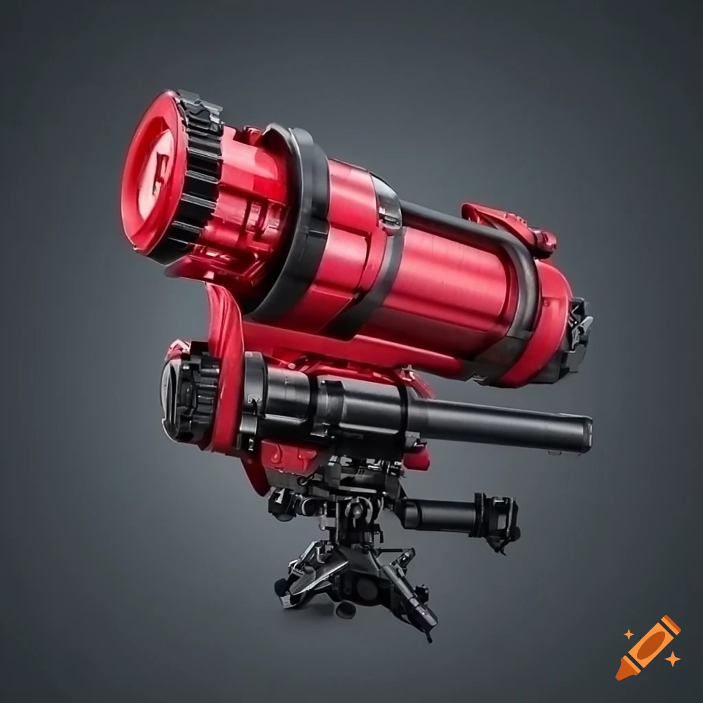 Red minigun turret against plain background on Craiyon