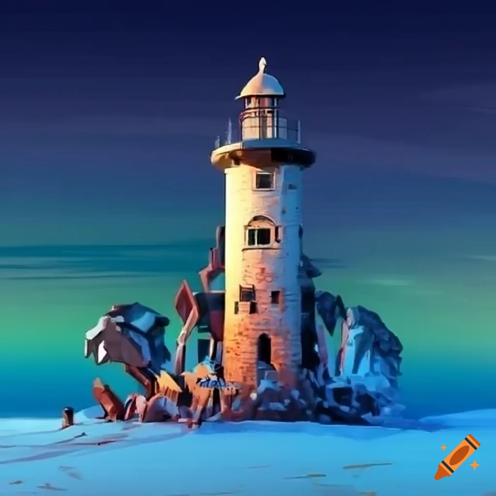 Snowy beach with a mecha lighthouse on Craiyon
