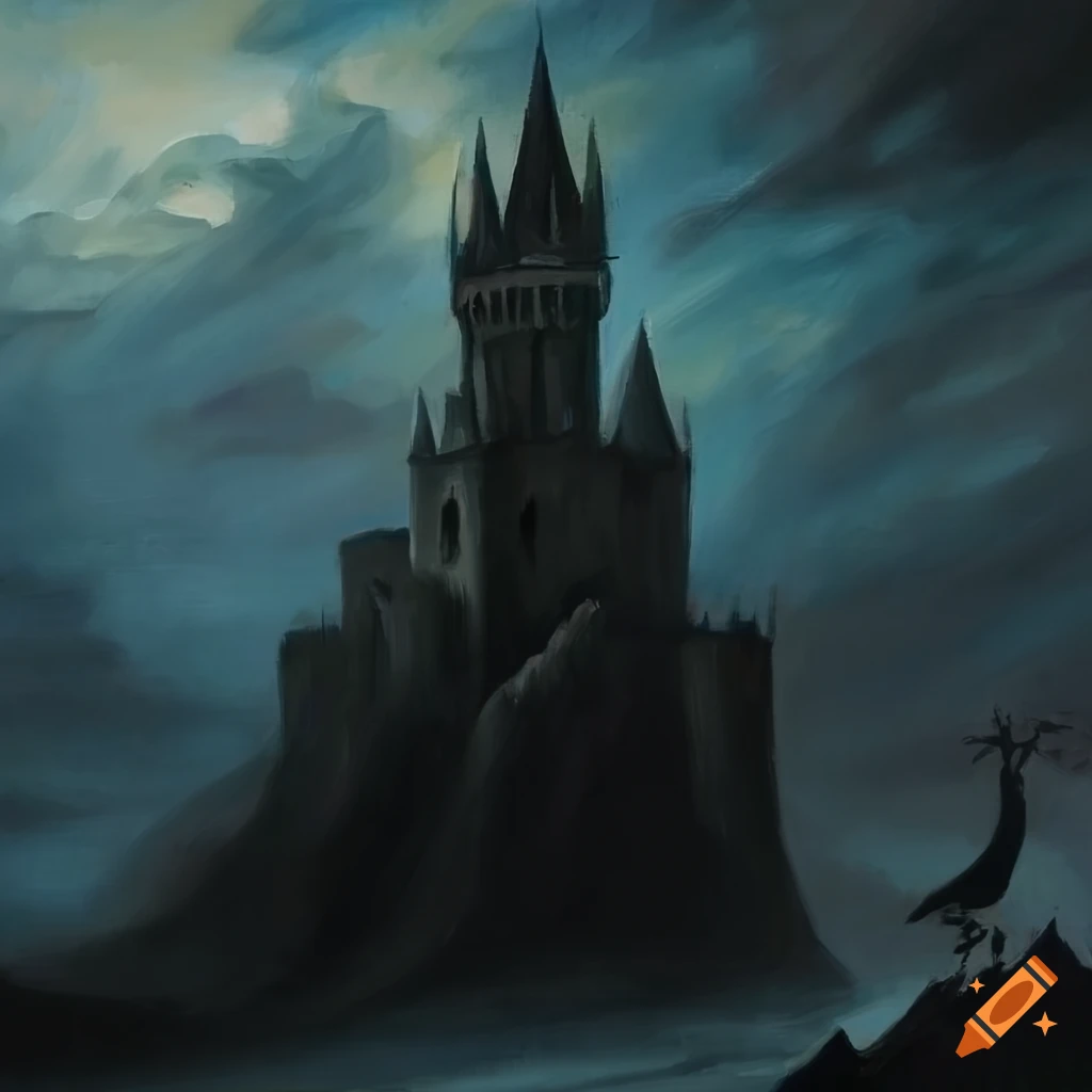 Sinister castle in a dark oil painting on Craiyon