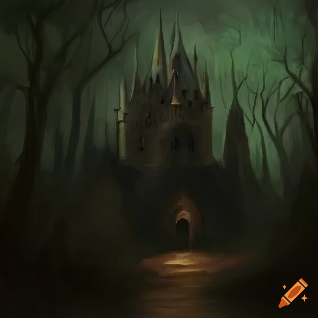 Sinister castle in a dark forest oil painting on Craiyon