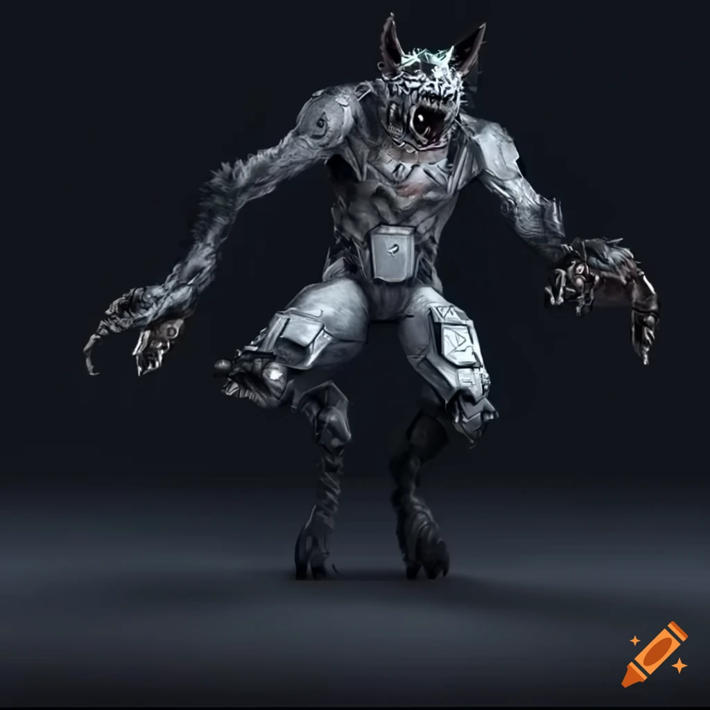 Cybernetic werewolf against a plain background on Craiyon