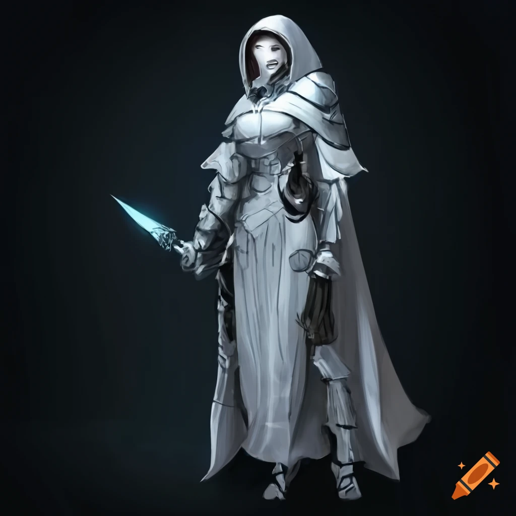 Female armored warrior with white hood and glowing bow on Craiyon