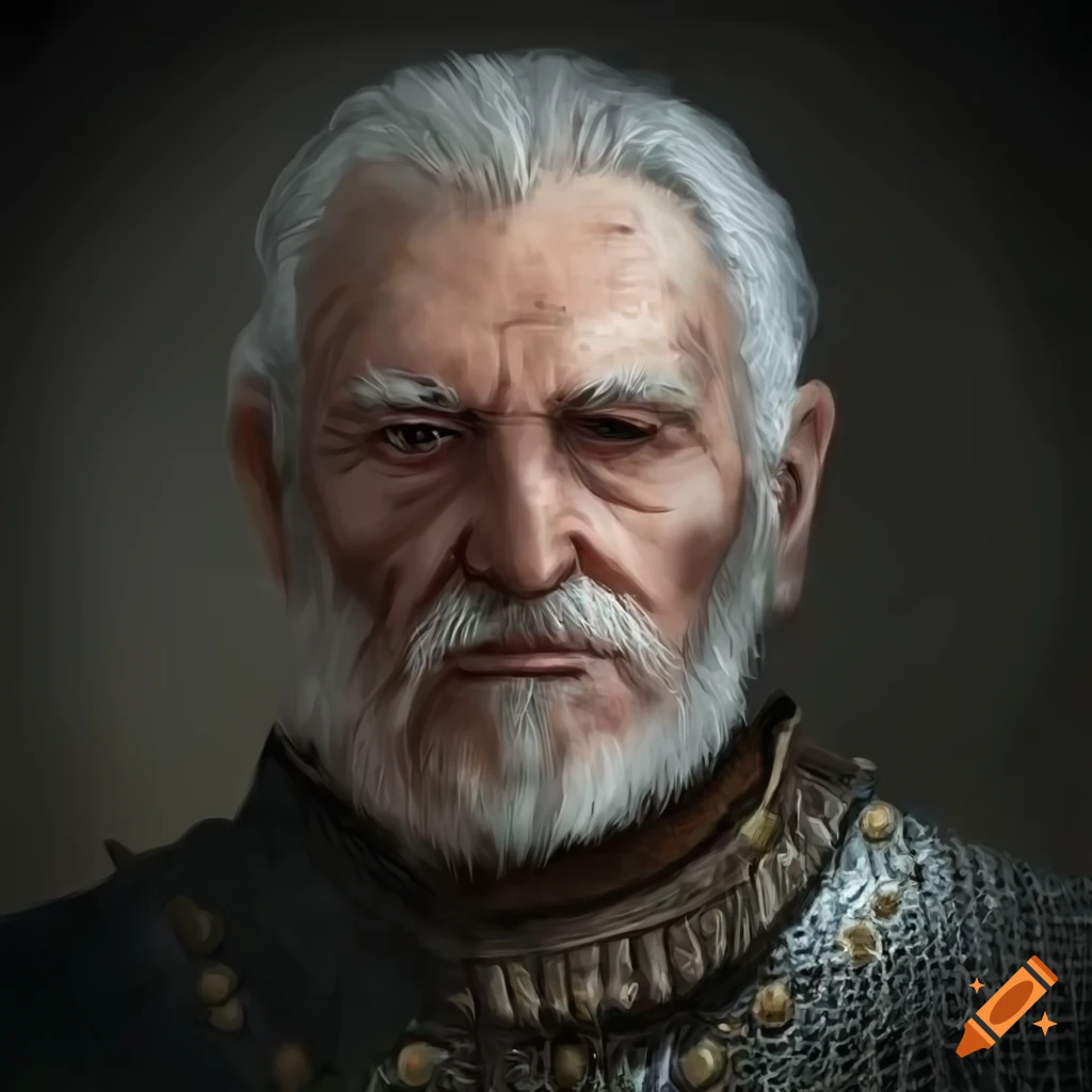 Portrait of a 75-year-old medieval knight with grey hair on Craiyon