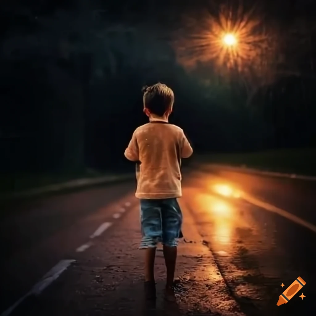 Boy crying in the rain on the road on Craiyon