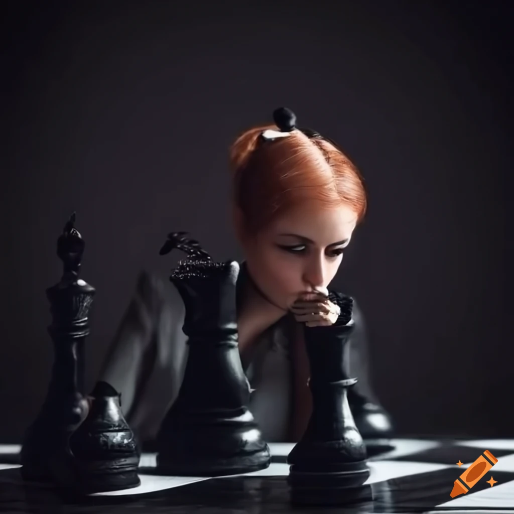 Focused woman with hair in bun playing chess with walking stick on Craiyon