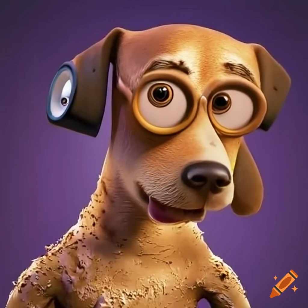 Pixar up dog covered in mud with speakers on its head on Craiyon