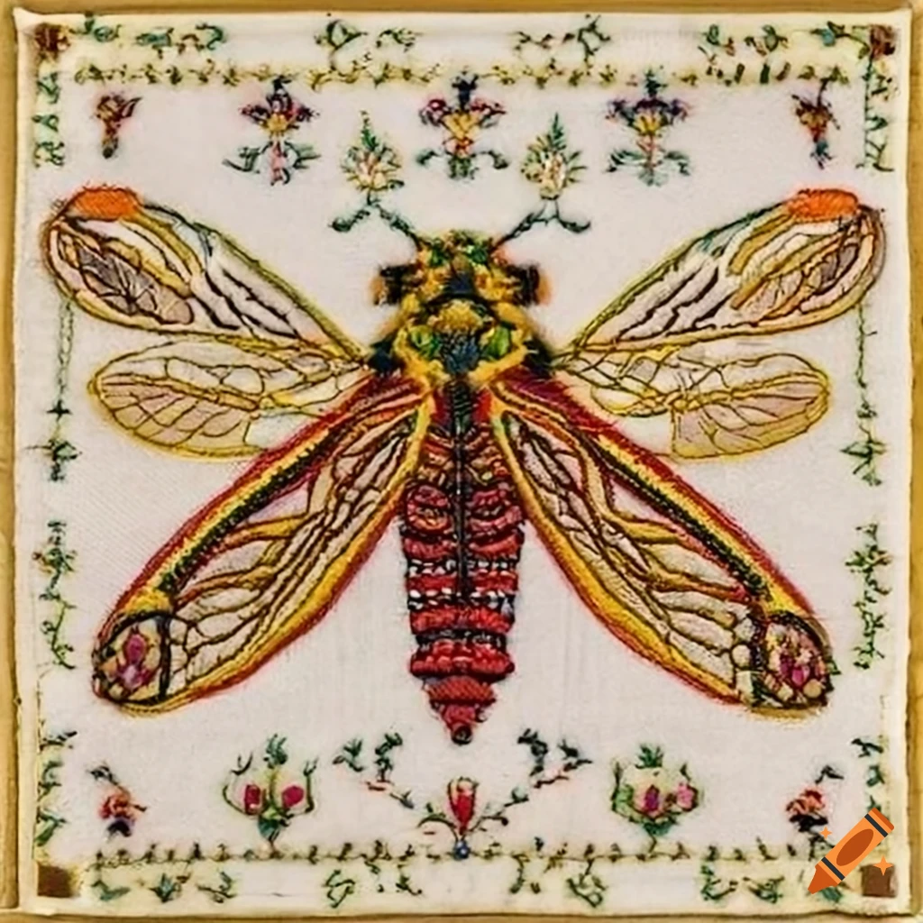 Intricately-detailed embroidery of a cicada on a colonial design on Craiyon