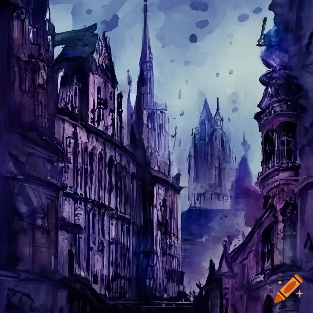 Futuristic gothic city painted in watercolor style on Craiyon