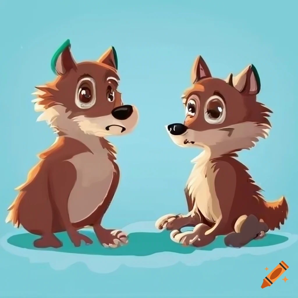 Two young wolves playing together in a cartoon style on Craiyon