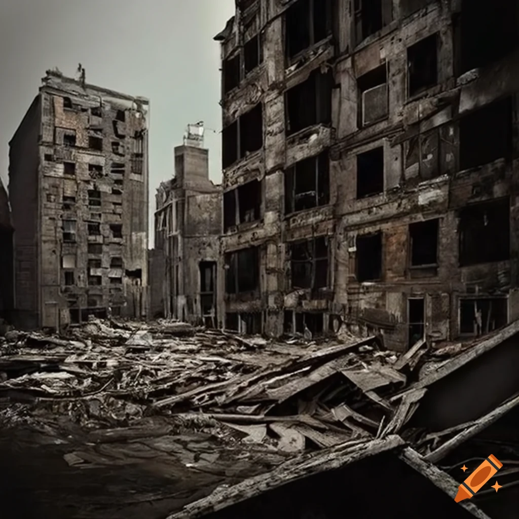 Post-apocalyptic urban landscape with debris and abandoned structures ...