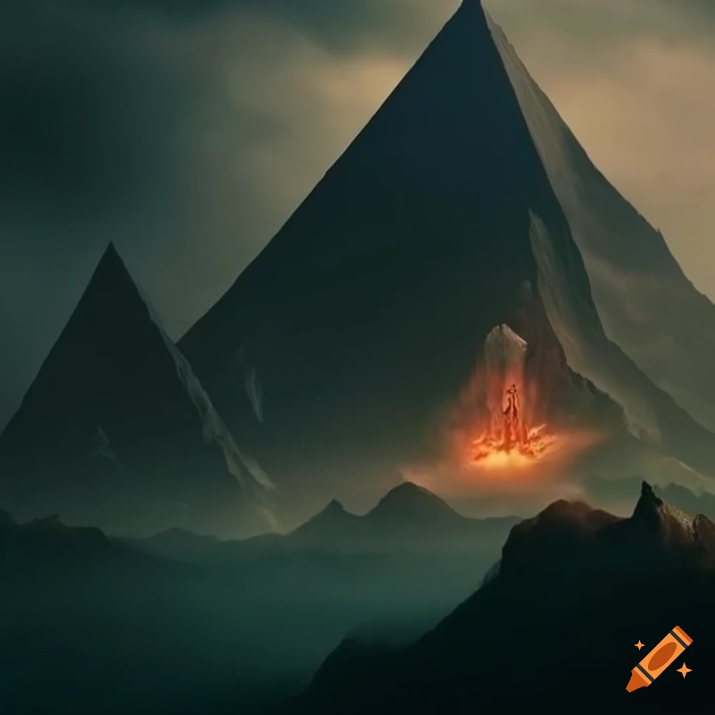Mystical mountain range with otherworldly creatures and a dark pyramid ...