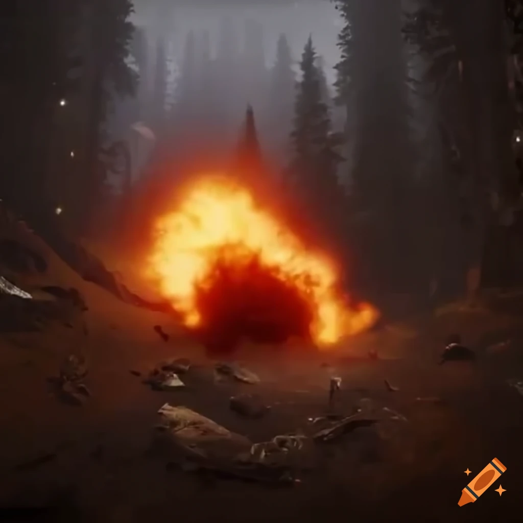 Fire explosion with black smoke and sparks in a forest with fog on Craiyon