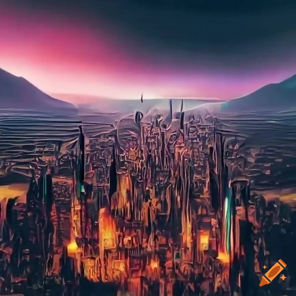 Futuristic cityscape designed by AI in the year 2399 under a cloudy sky ...