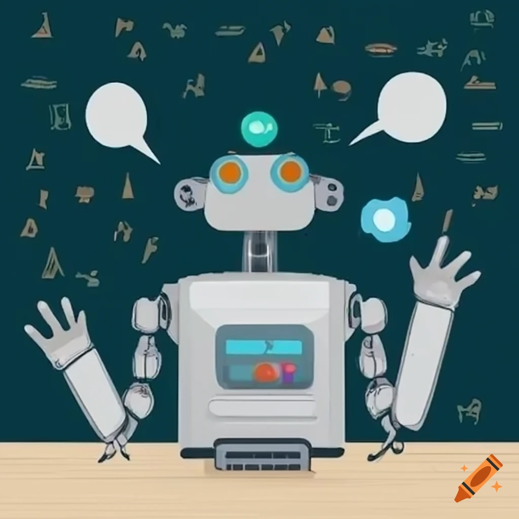 Curious robot analyzing books and speech bubbles in a laboratory ...