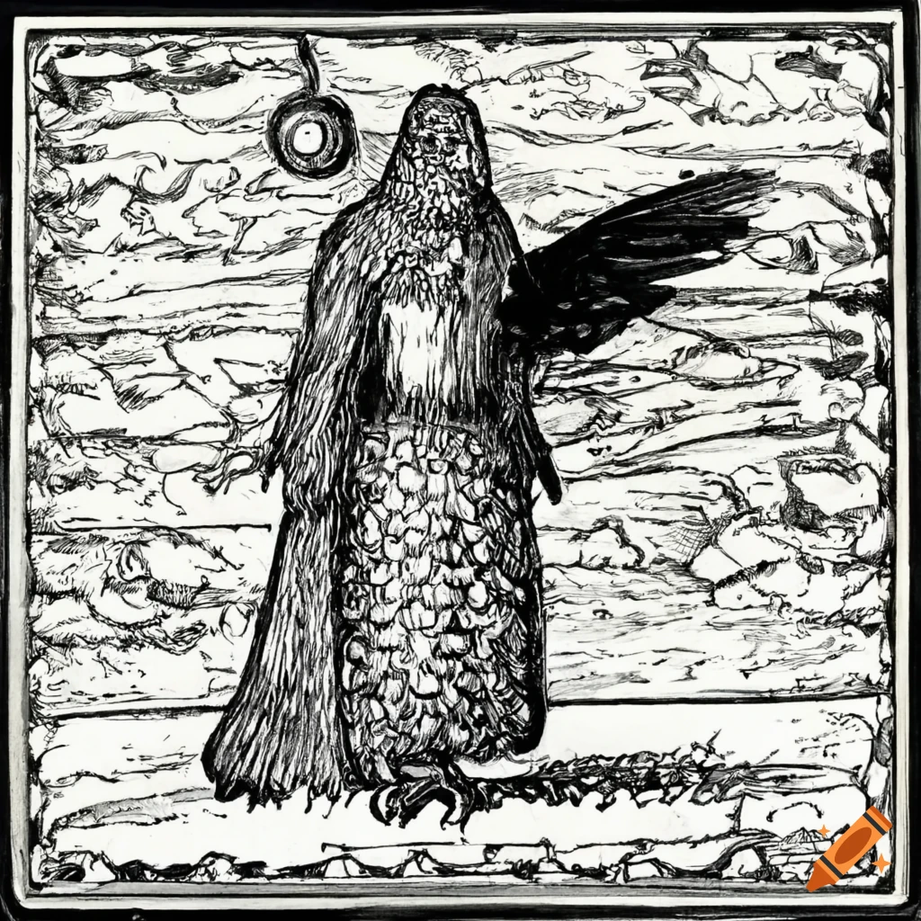 Anthropomorphic raven in chain mail with a mace in a medieval pen and ...