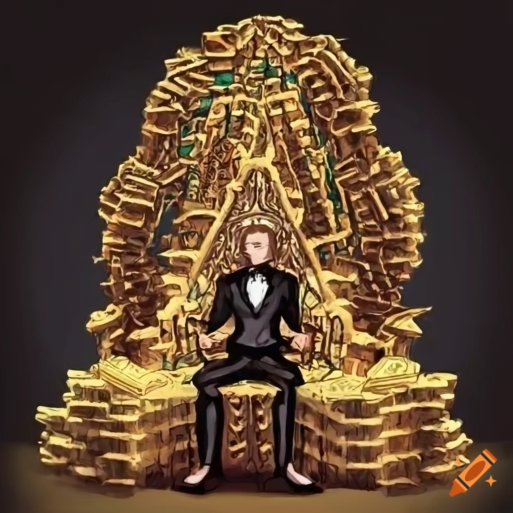 Man sitting on a throne of money piles on Craiyon