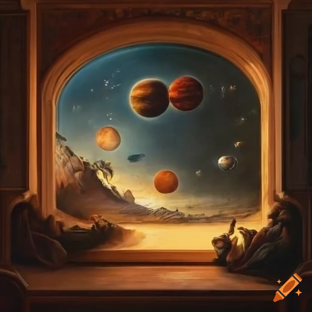 Renaissance painting of planets seen through an open window at golden ...