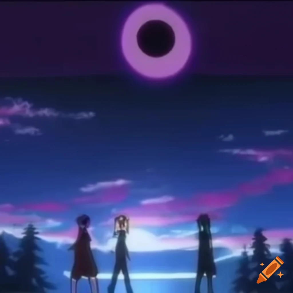 Shiny 3d eclipse anime with japanese text from the 2000s on Craiyon
