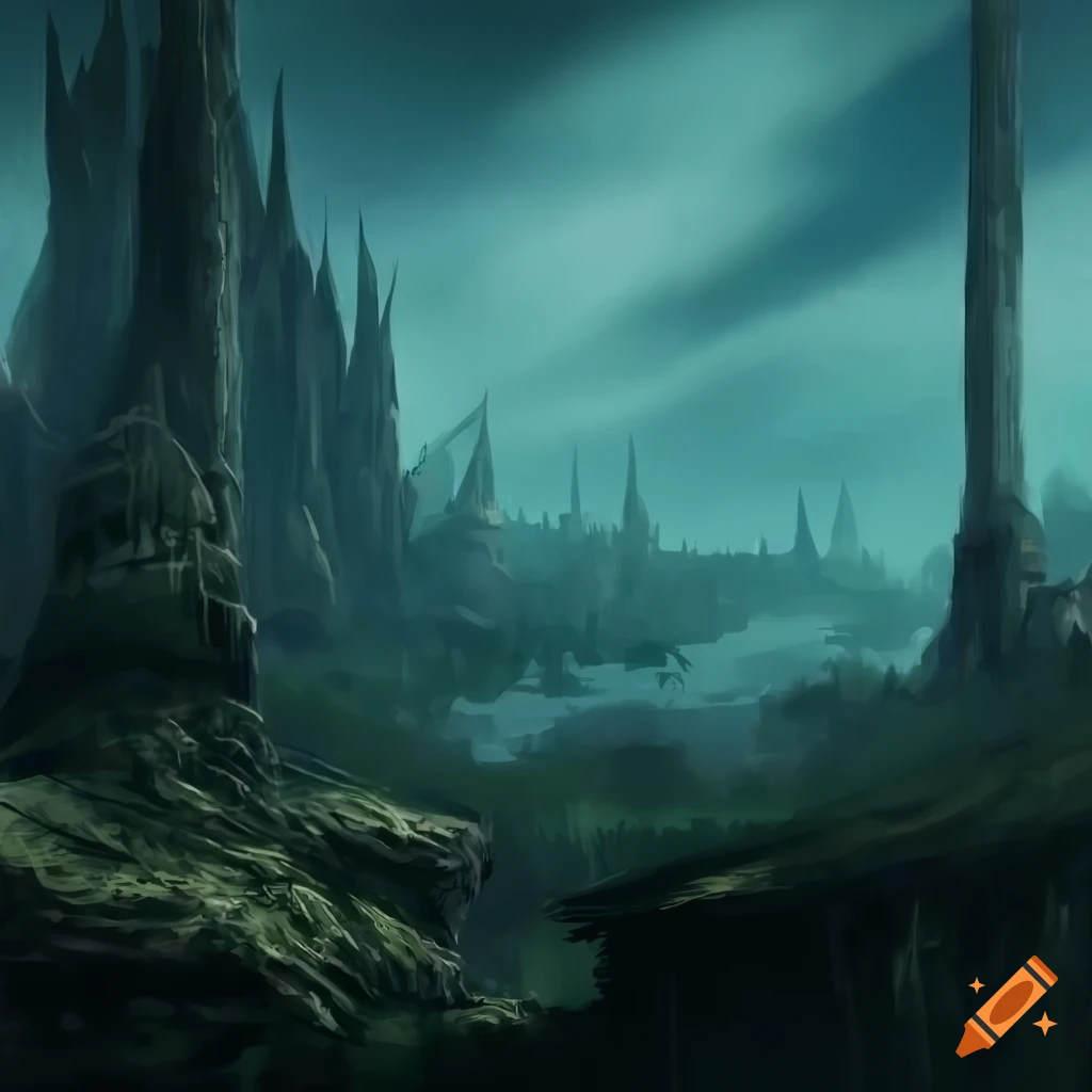 Post-apocalyptic landscape of an old dark elf kingdom in a high fantasy ...