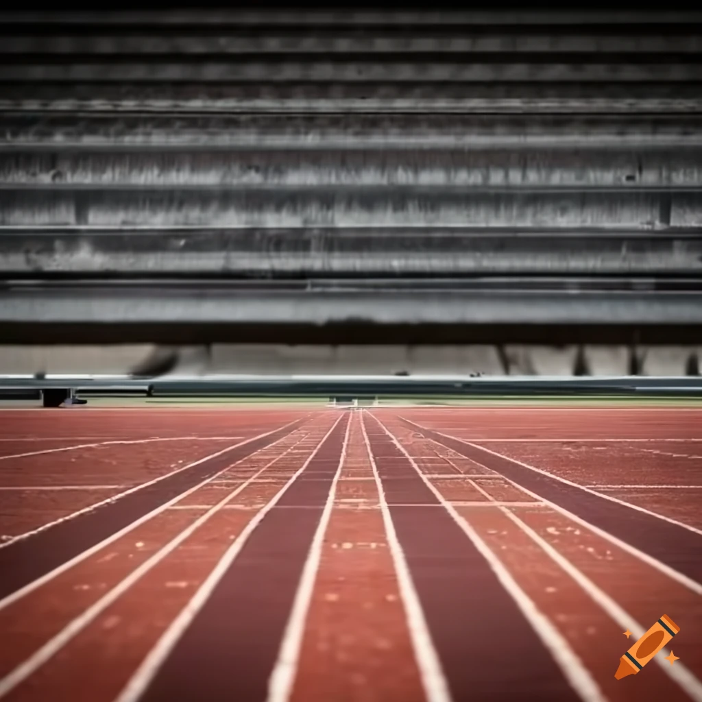 Empty bench on a track field in photorealistic style on Craiyon