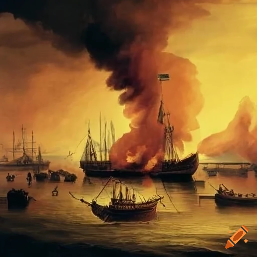Burning ships and crates in boston 1773 on Craiyon