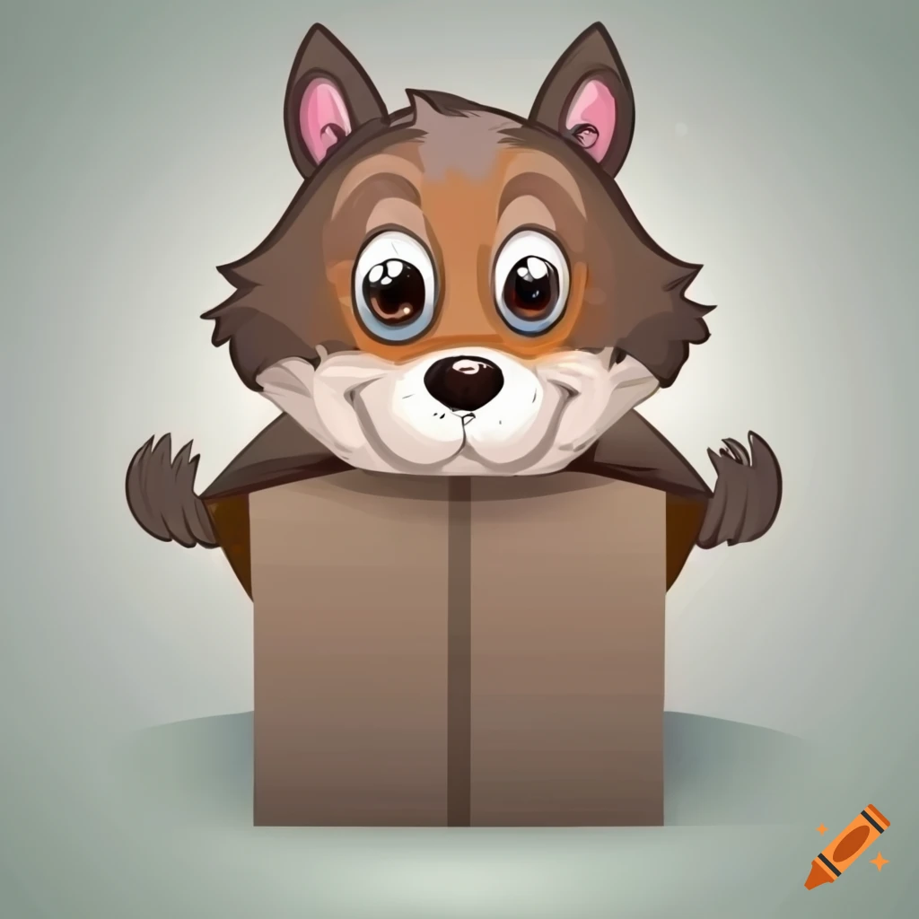 Young cute wolf hiding behind a box in a cartoon scene on Craiyon