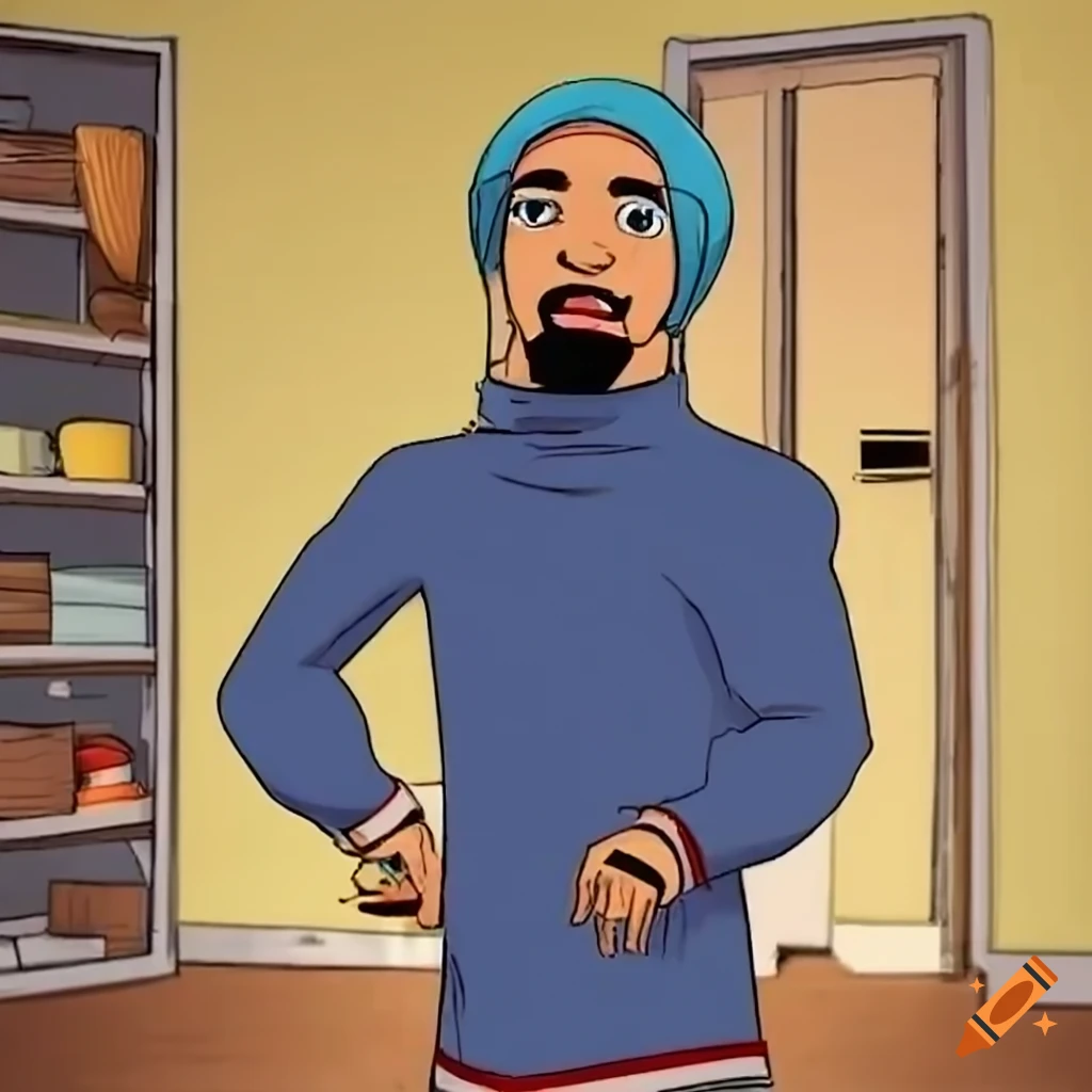 Cartoon man in a sweater standing in a room in adult animated style on ...