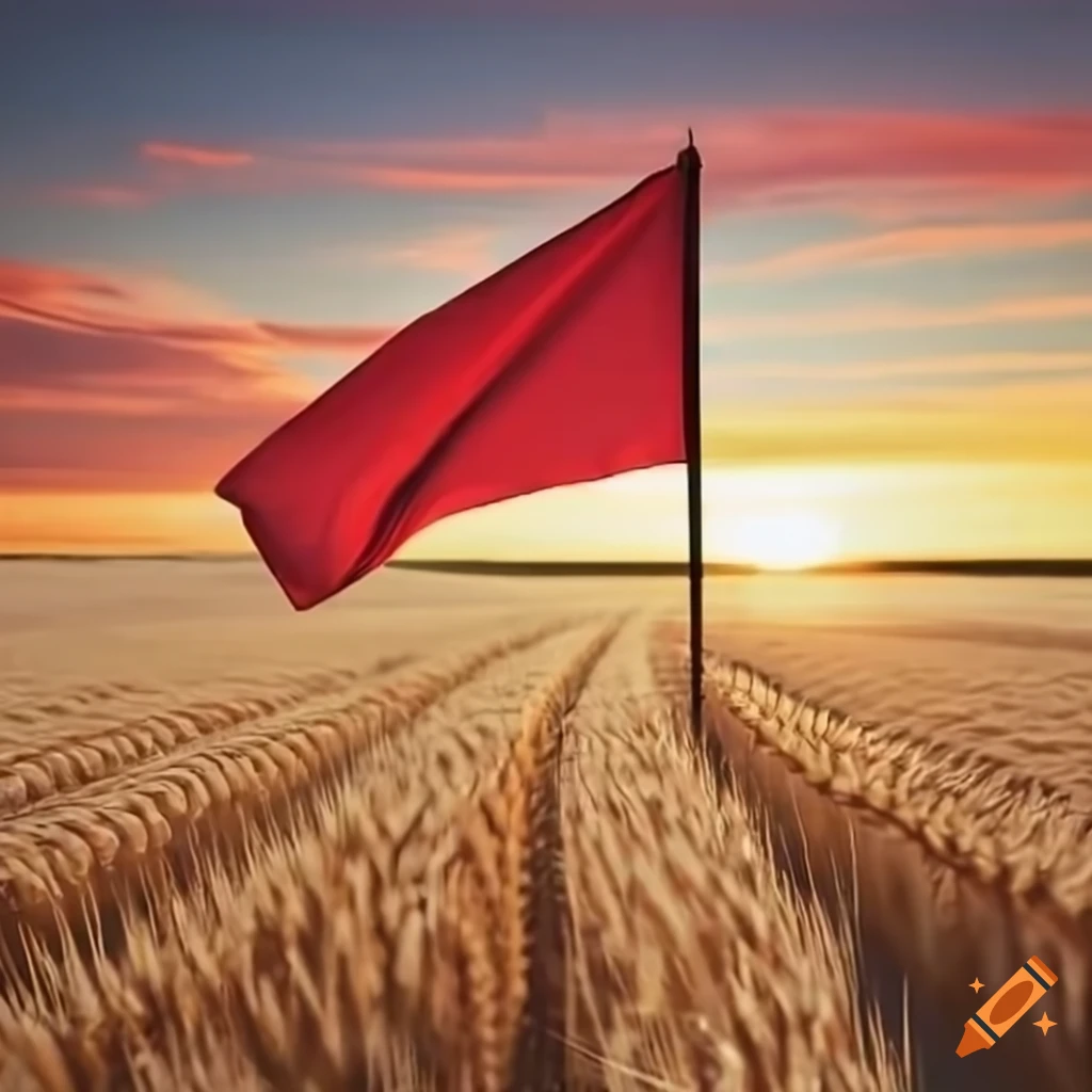 Red flag over wheat field during sunset on Craiyon