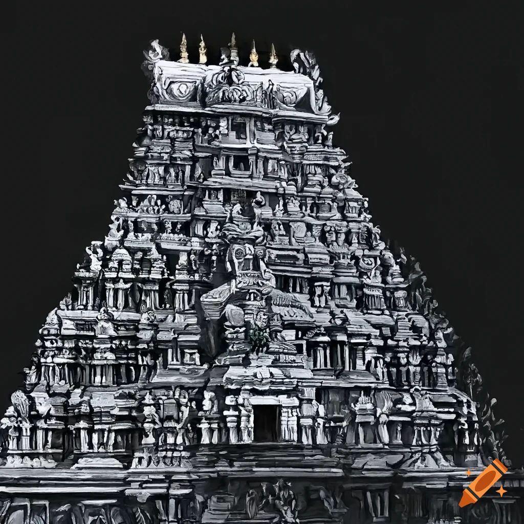 Sri rangam temple gopuram on a white and black background on Craiyon