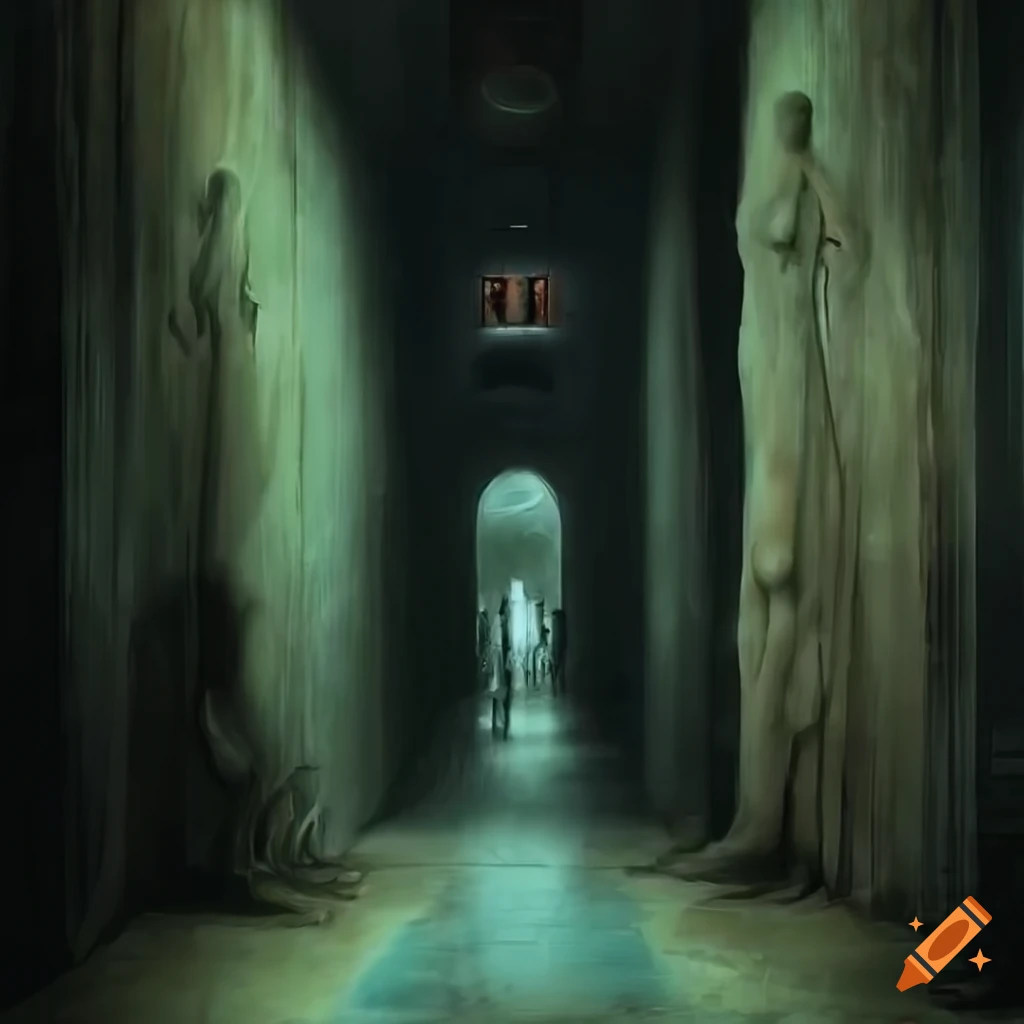 Interior of a haunted ultra-modern dead mall with hive structures and ...