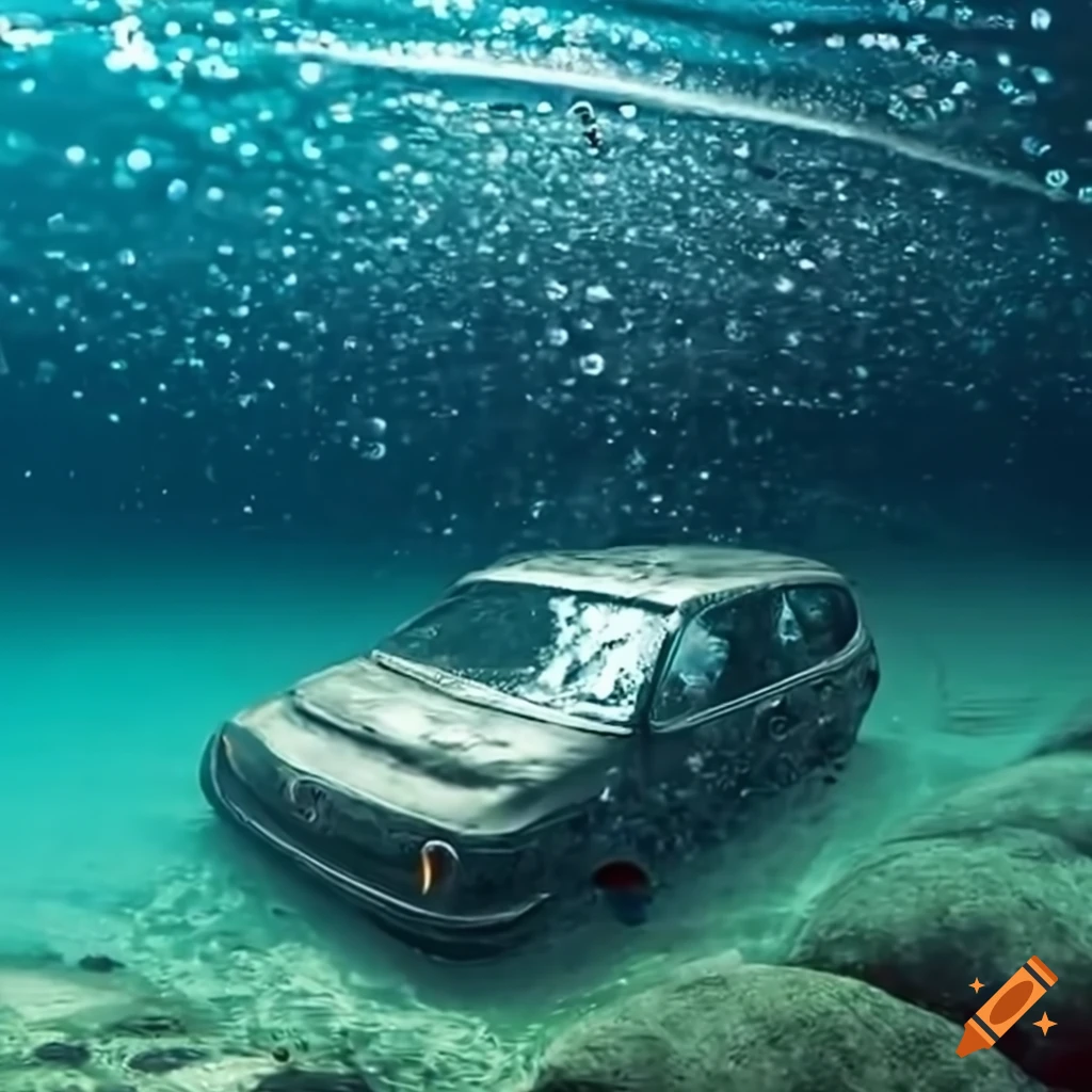 Submerged car driving along the bottom of a lake with bubbles around it on Craiyon