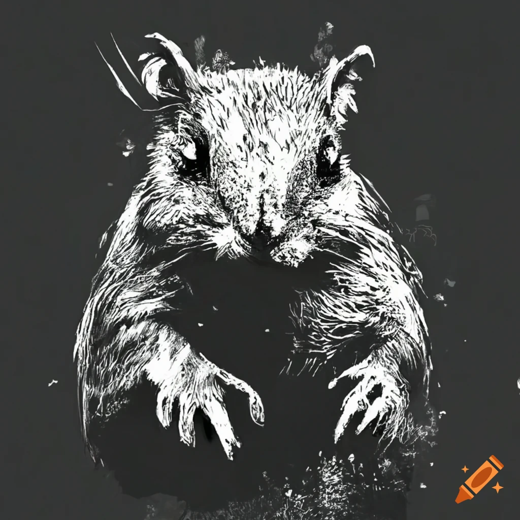 Artistic interpretation of an evil squirrel in the style of jackson pollock in black and white ...