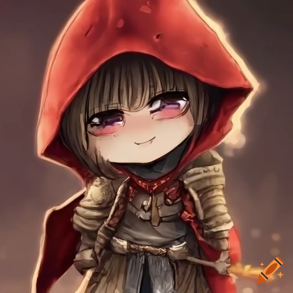 Cute chibi version of roderika from elden ring with a red hood on Craiyon