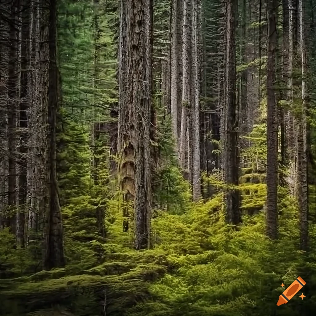 Boreal forest landscape with detailed pine and bark trees on Craiyon
