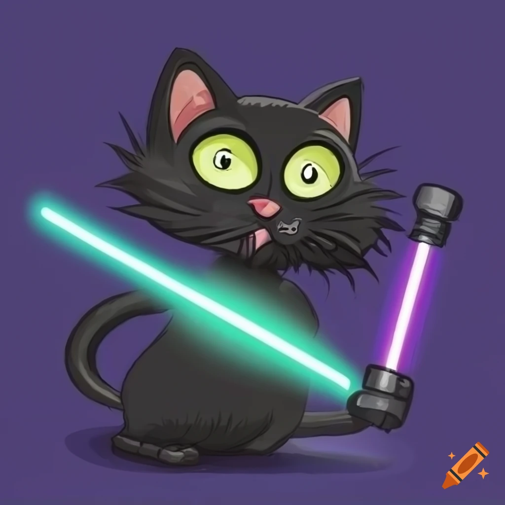 Black cat holding a lightsaber in cartoon style on Craiyon