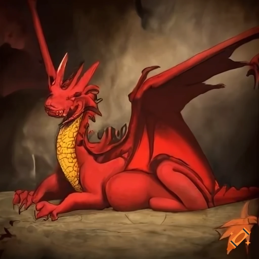 Sleeping red dragon surrounded by orange leaves in a dark stone cave on ...