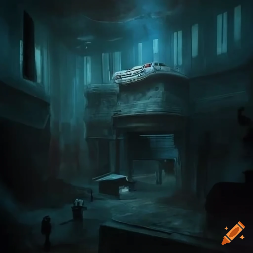 Interior of a haunted ultra-modern dead mall with hives and an ...