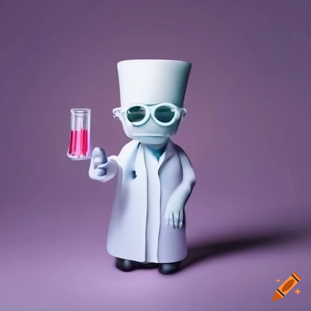 3d printed character with a chemistry test tube and lab coat on Craiyon