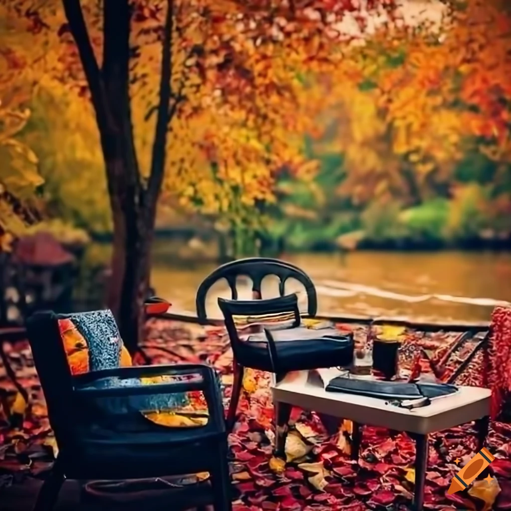 Outdoor coffee shop by the river with autumn leaves, cozy seating, and ...
