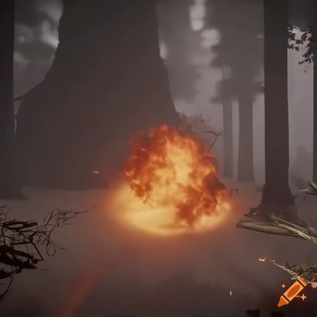 Fire explosion with black smoke and sparks in a forest with fog on Craiyon