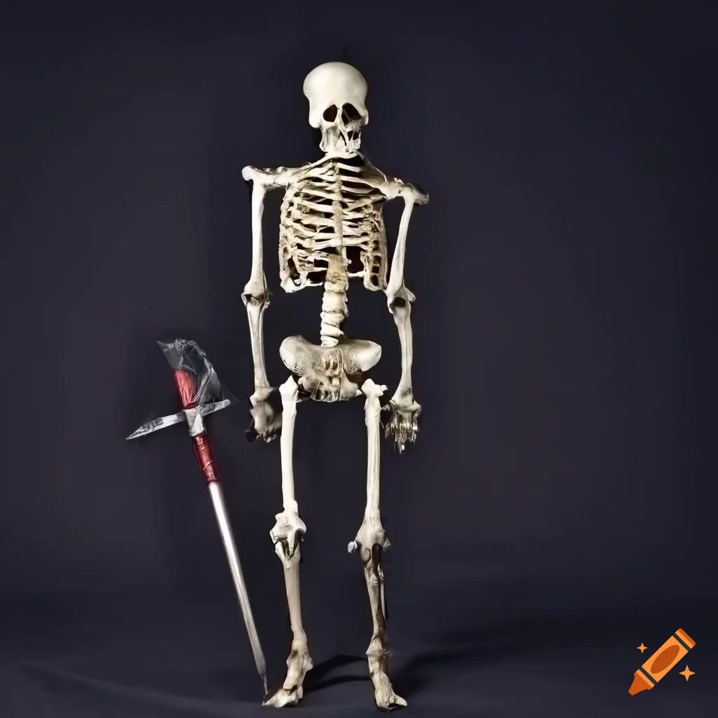 Undead skeleton with a weapon in hand against plain background on Craiyon