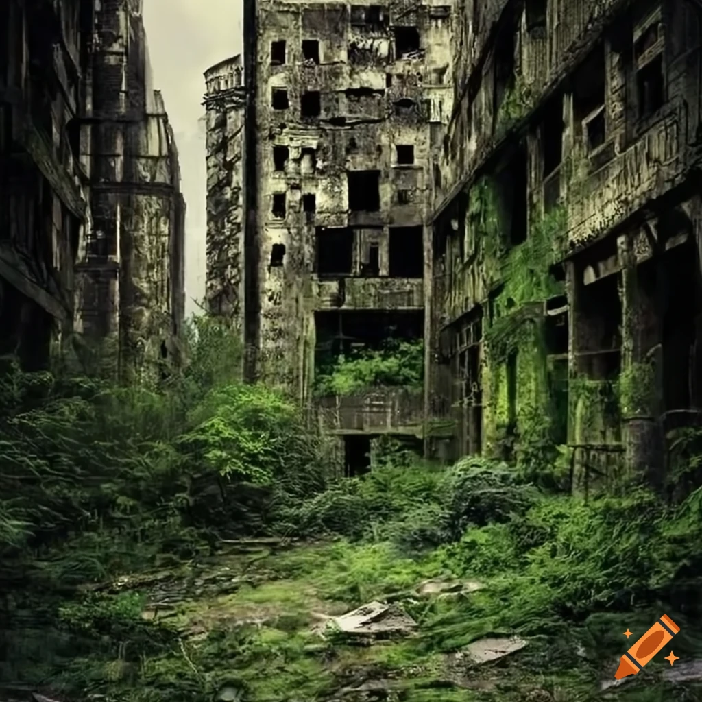 Post-apocalyptic cityscape with lush greens and crumbling ruins on Craiyon
