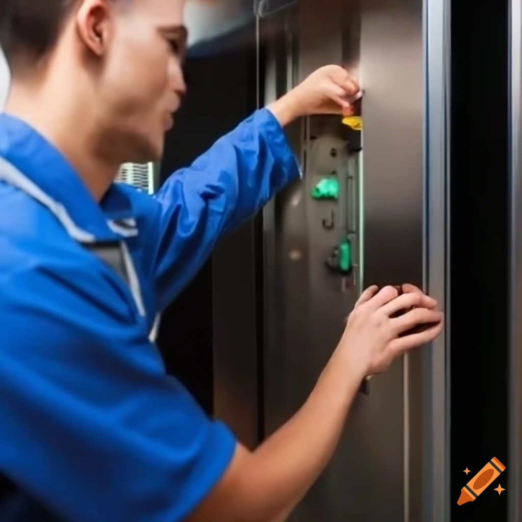 Engineers troubleshooting in an elevator control room on Craiyon