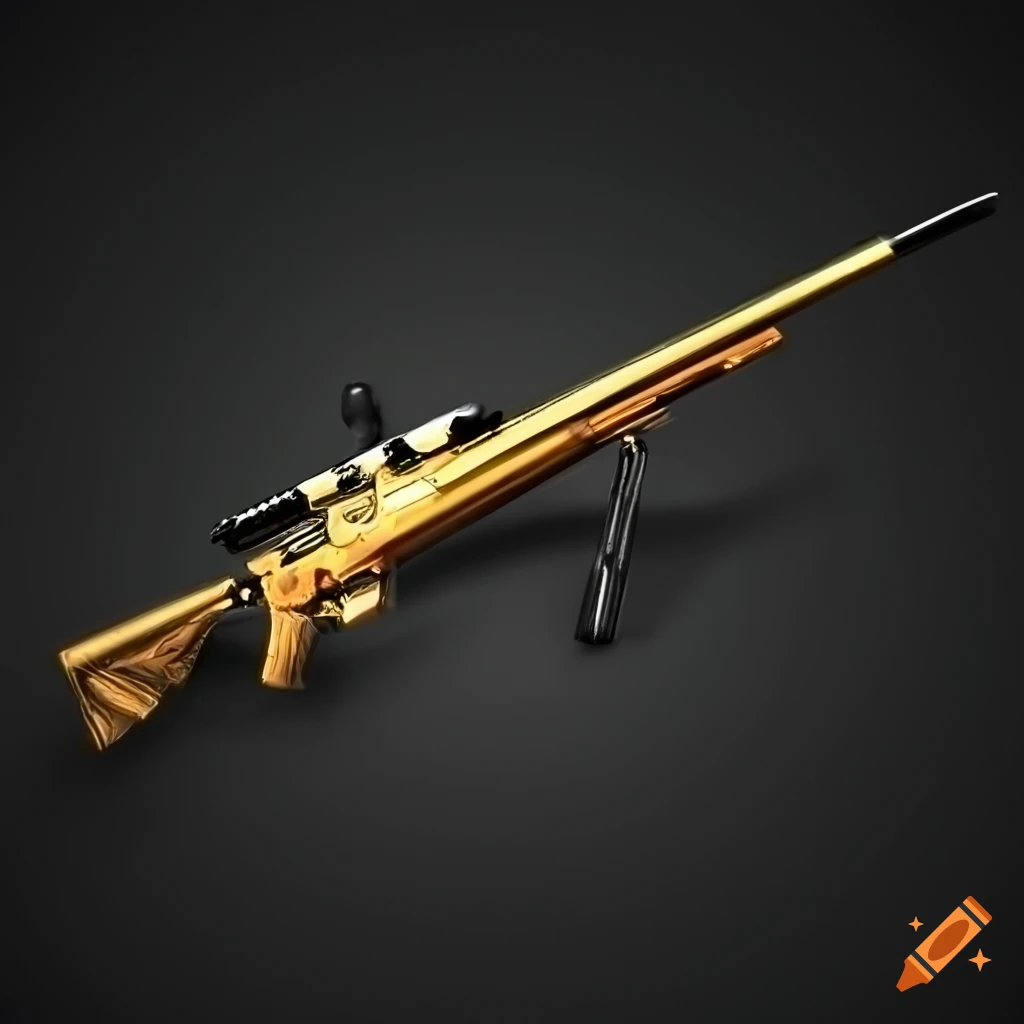 Gold colored sniper rifle on a black background on Craiyon