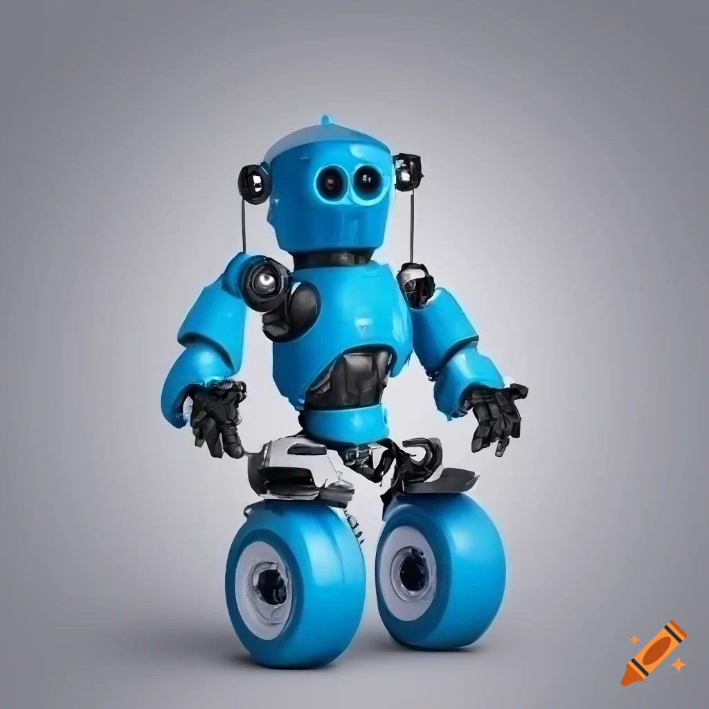 Blue robot with arms and wheels on a plain white background on Craiyon
