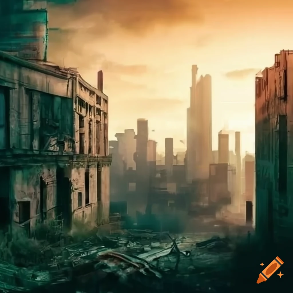 Post-apocalyptic cityscape with abandoned buildings and ruined infrastructure on Craiyon