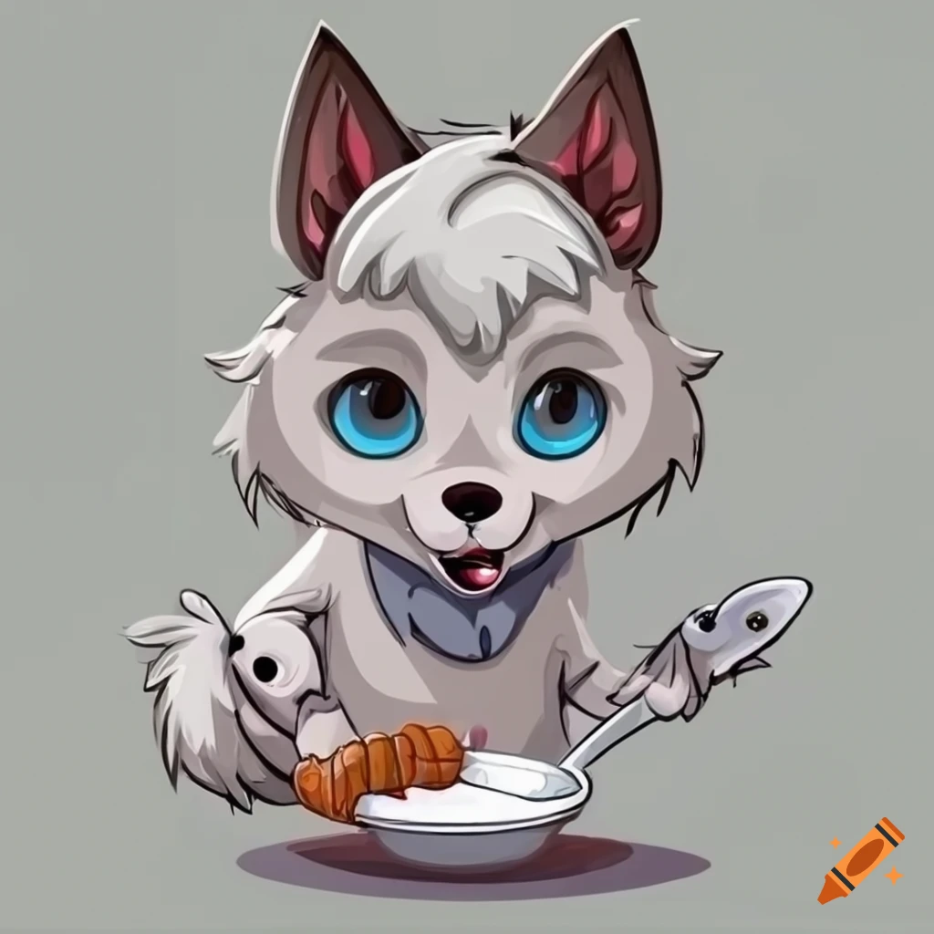 White wolf with blue eyes cooking in a cartoon style on Craiyon