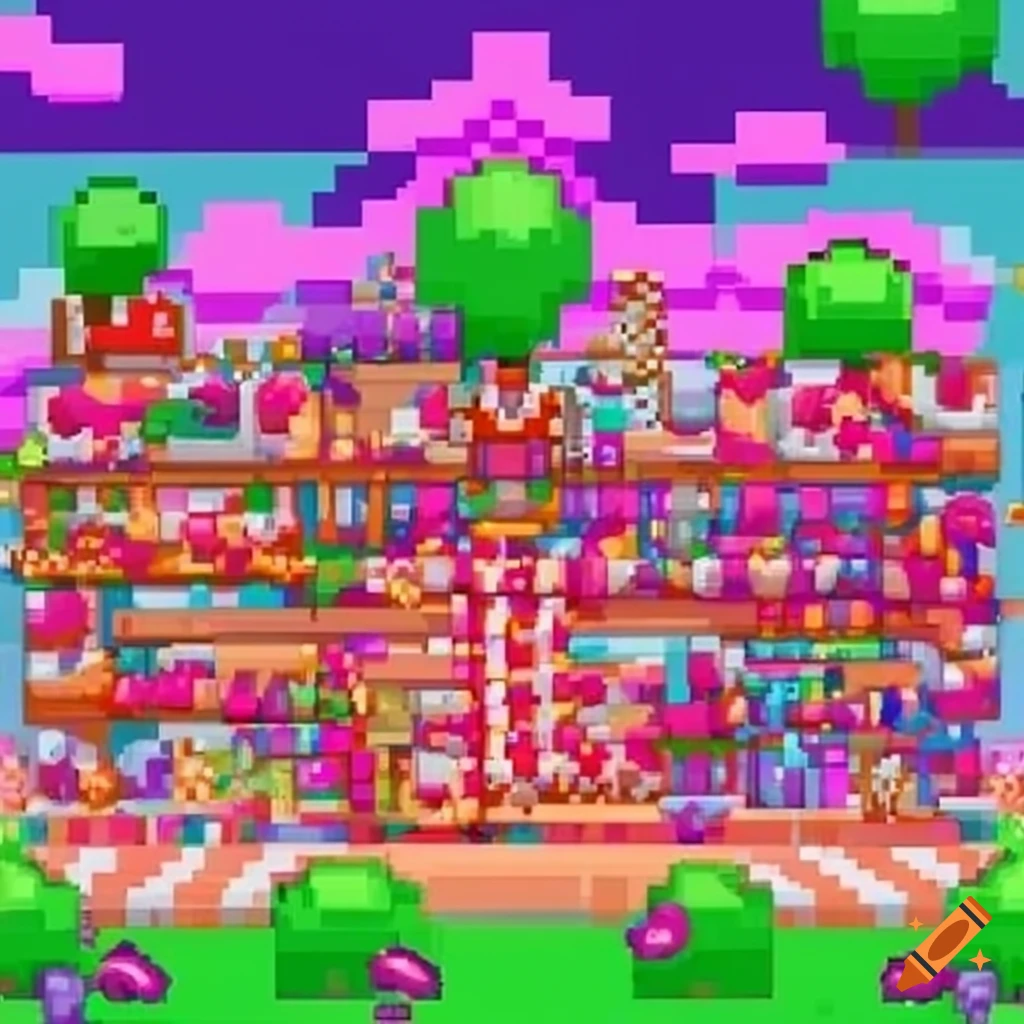 Pixel art of a colorful candyland on Craiyon