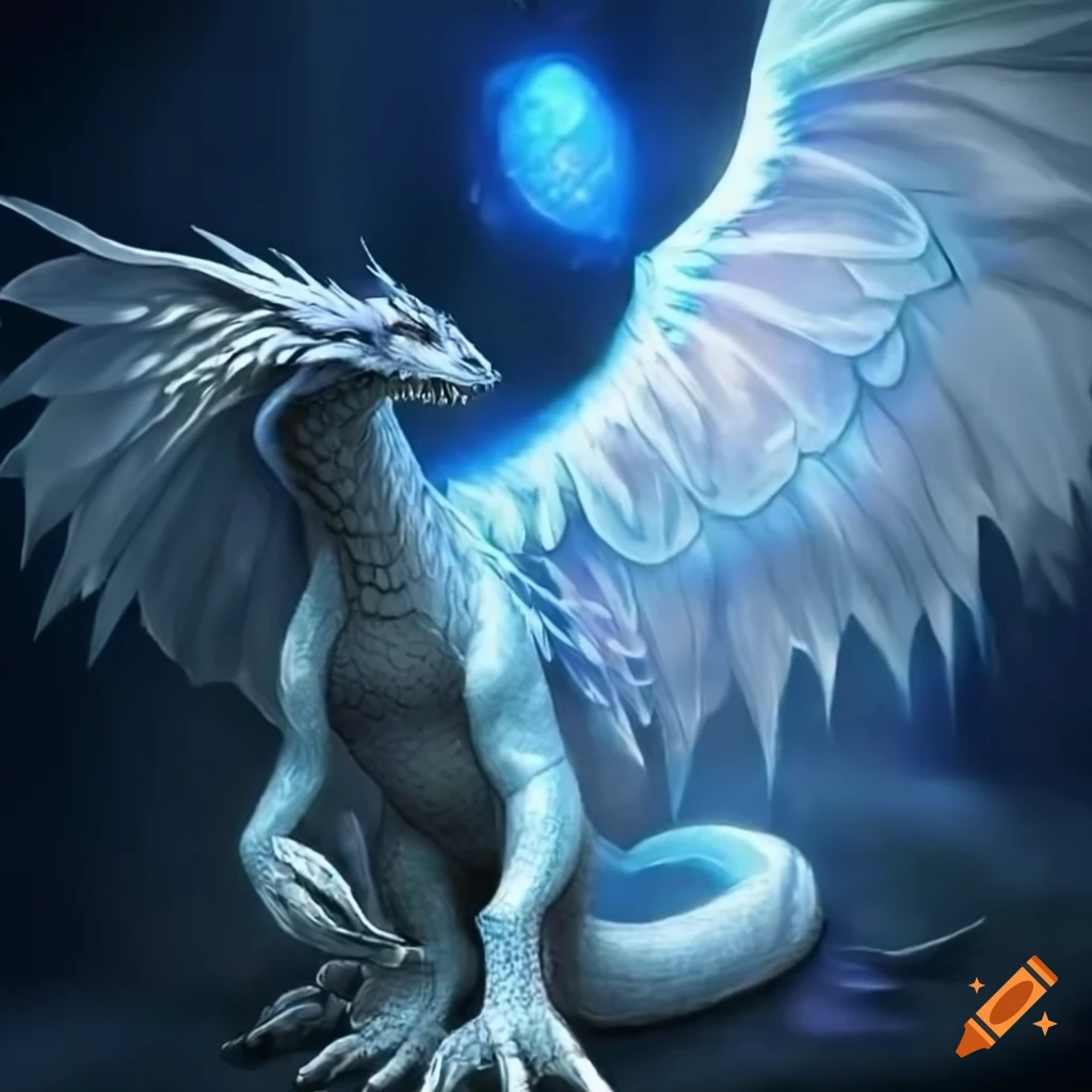 Magnificent dragon with white wings and celestial eyes on Craiyon