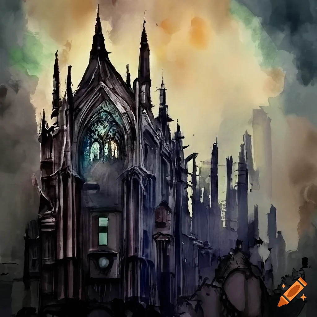 Futuristic gothic city painted in watercolor style on Craiyon